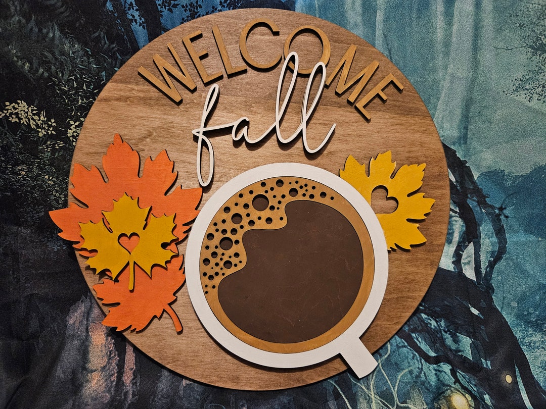 Welcome Fall Wood Door Hanger: Autumn Coffee Cup Porch Sign Door ...