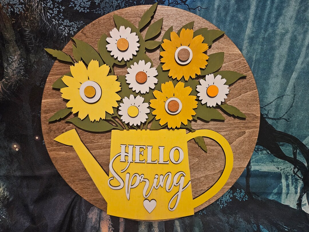 Hello Spring Watering Can With Spring Flowers Spring Wood Door Hanger ...
