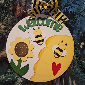 Bees and Beehive and Sunflower Welcome Door Hanger Sign or Front Porch ...