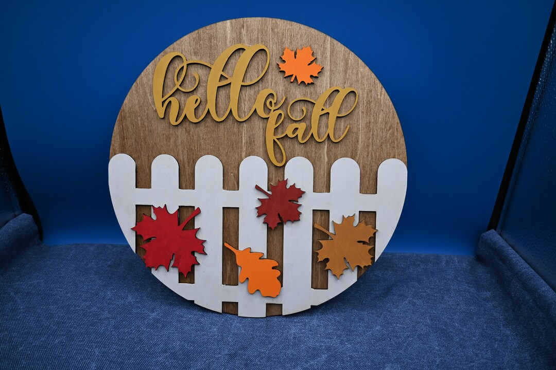 Hello Fall Autumn Wood Hand Painted Sign With Picket Fence and Falling ...