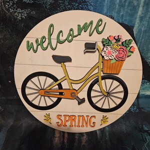 Spring Door Hanger Sign Welcome Spring Bicycle With a Basket of Flowers ...