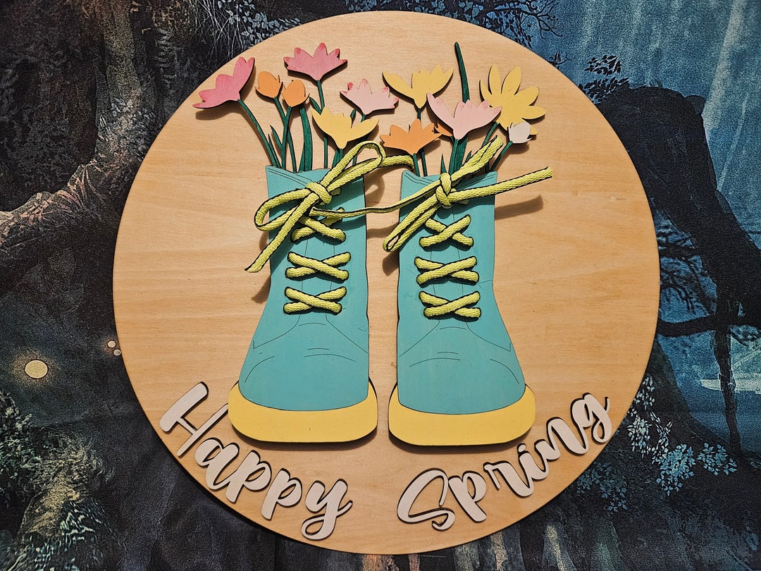 Happy Spring Door Hanger Sign With Gardening Boots With Real Shoelaces ...