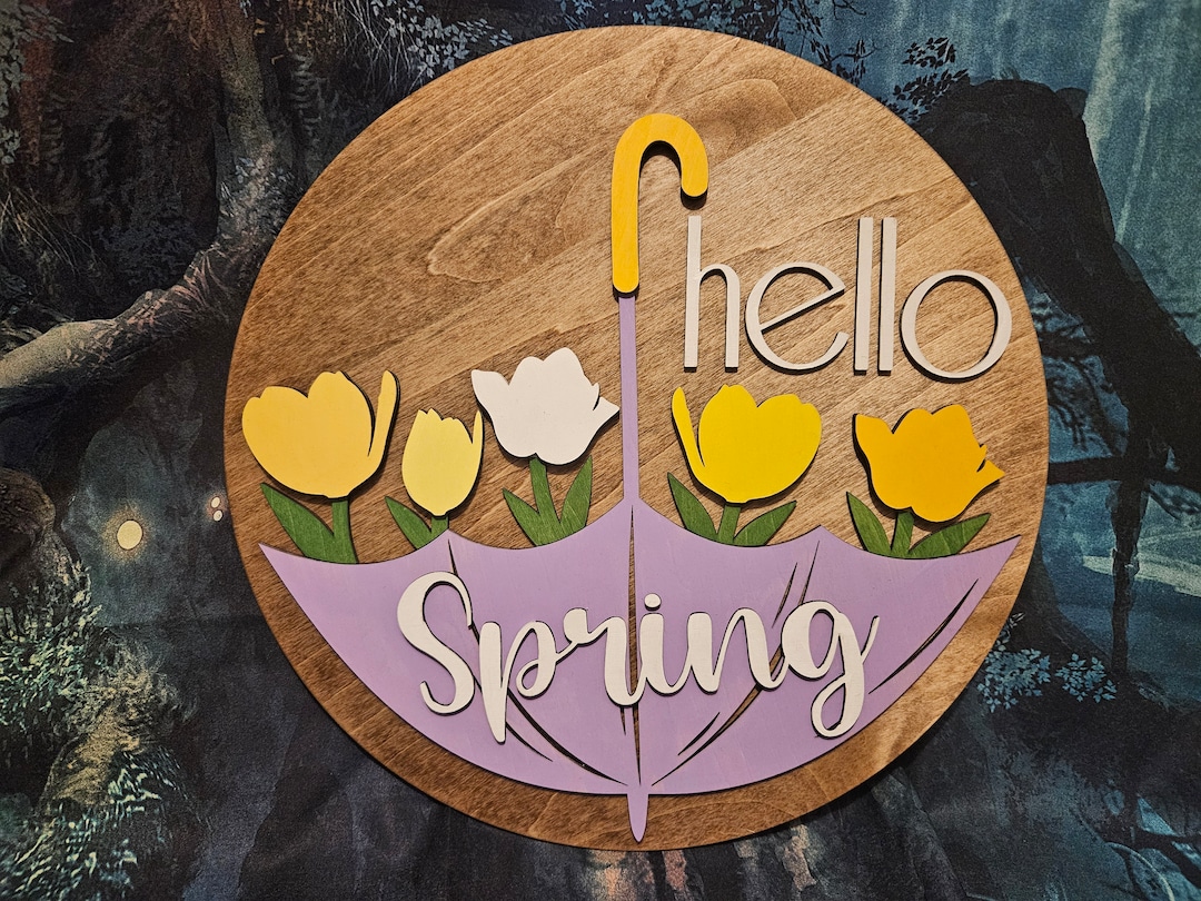 Hello Spring Door Hanger Sign With a Purple Umbrella Holding Spring ...