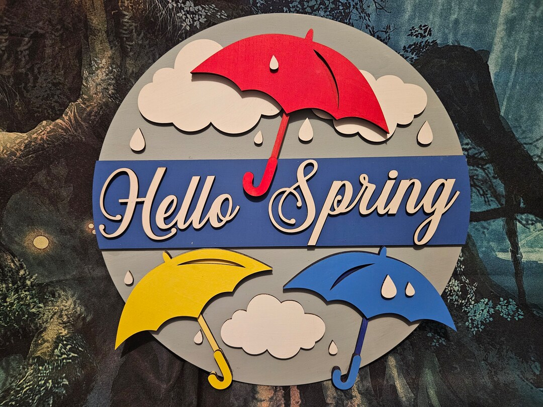 Wood Hello Spring Door Hanger Sign With Umbrellas, Clouds and Raindrops ...