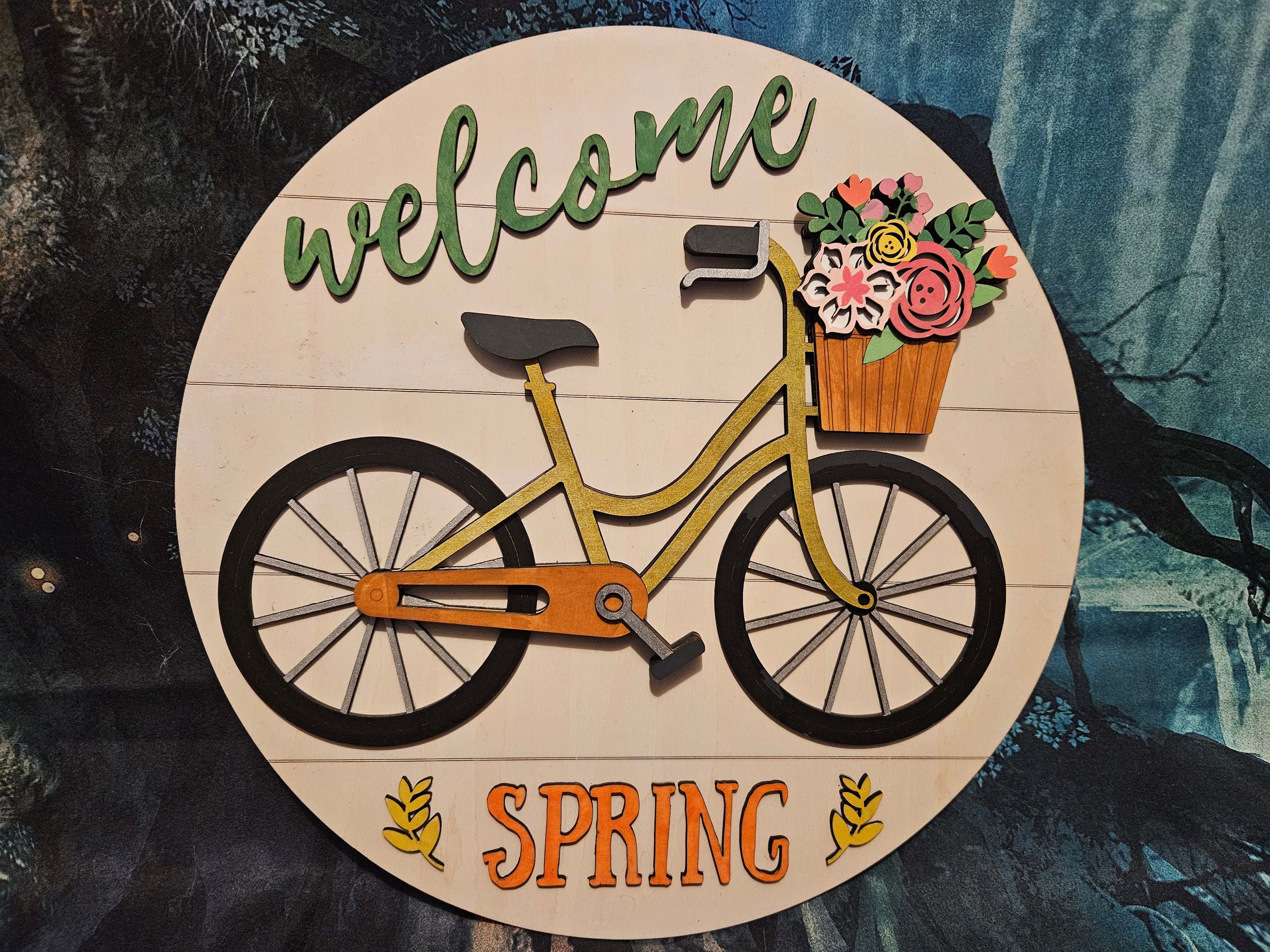 Spring Door Hanger Sign Welcome Spring Bicycle With a Basket of Flowers ...