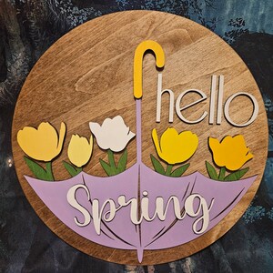 Hello Spring Door Hanger Sign With a Purple Umbrella Holding Spring ...