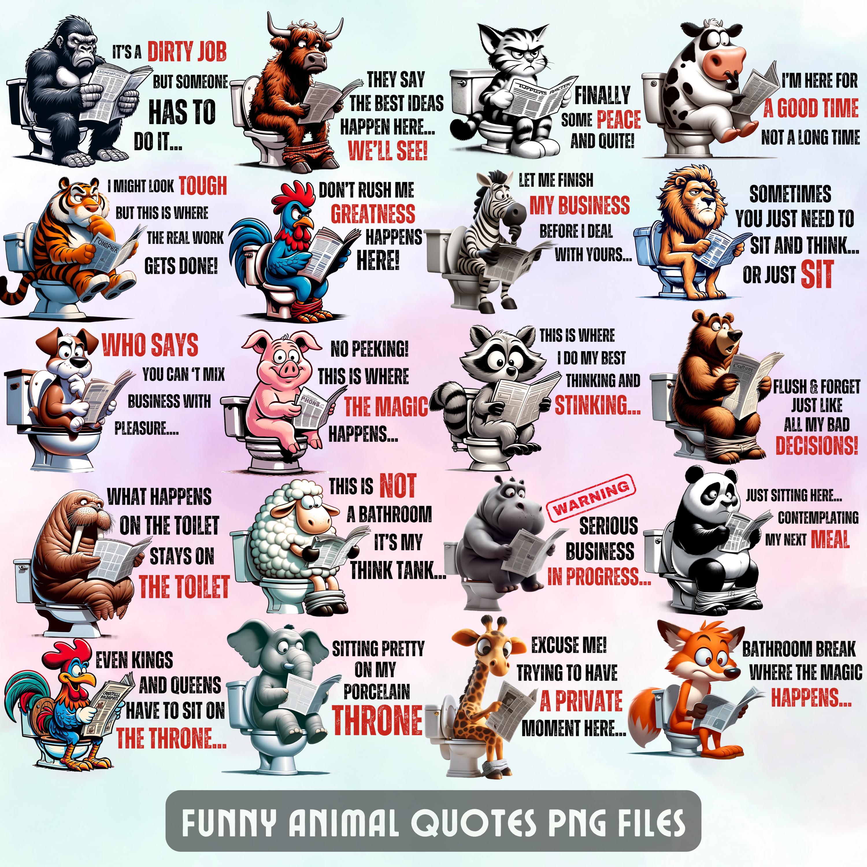 Funny Animal on Toilet Quotes, Animal Png Bundle, Sarcastic Animal ...