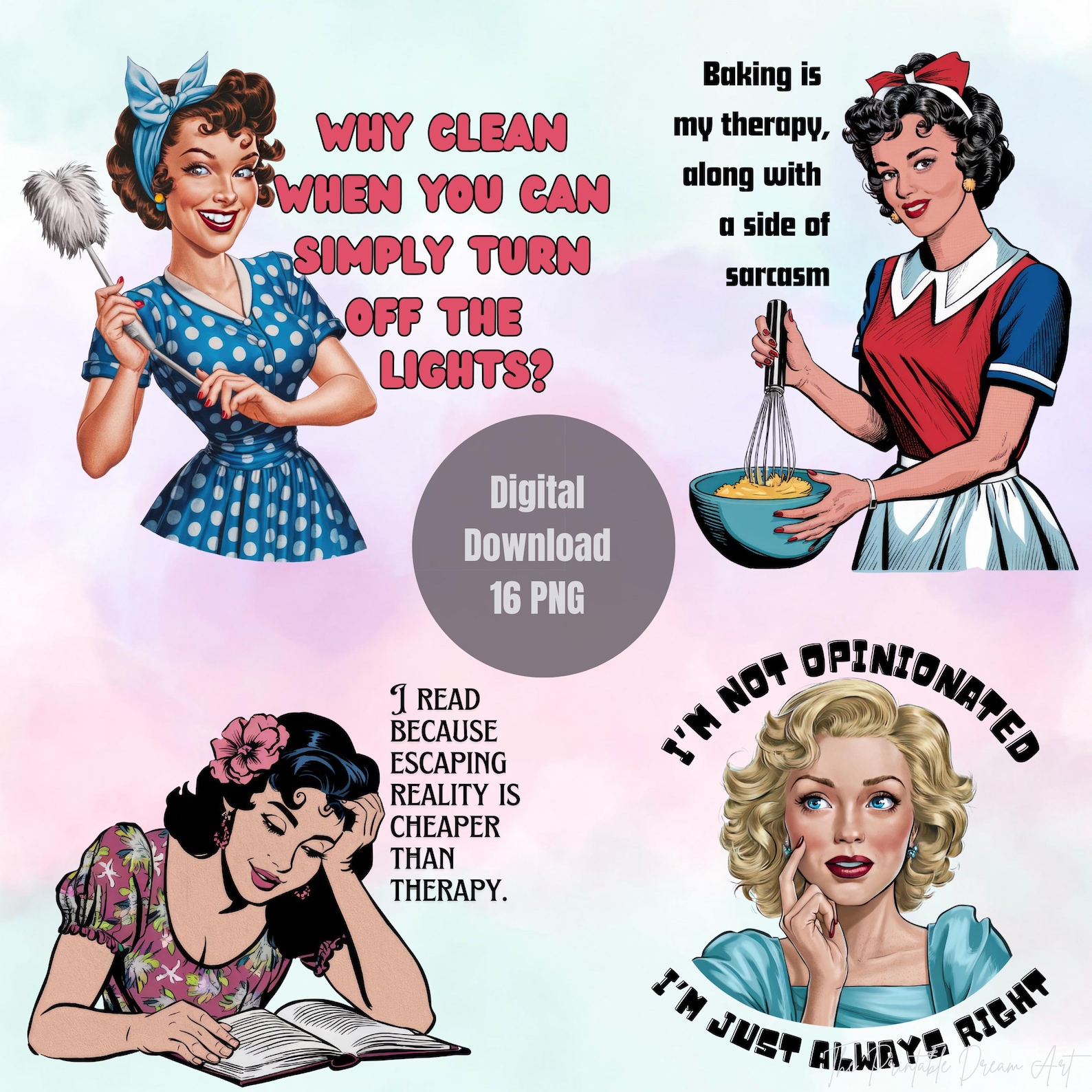 Retro Sarcastic Women Bundle of 16 PNG, Sarcastic Retro Housewife, PNG ...