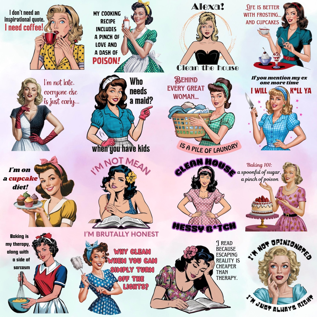 Retro Sarcastic Women Bundle of 16 PNG, Sarcastic Retro Housewife, PNG ...