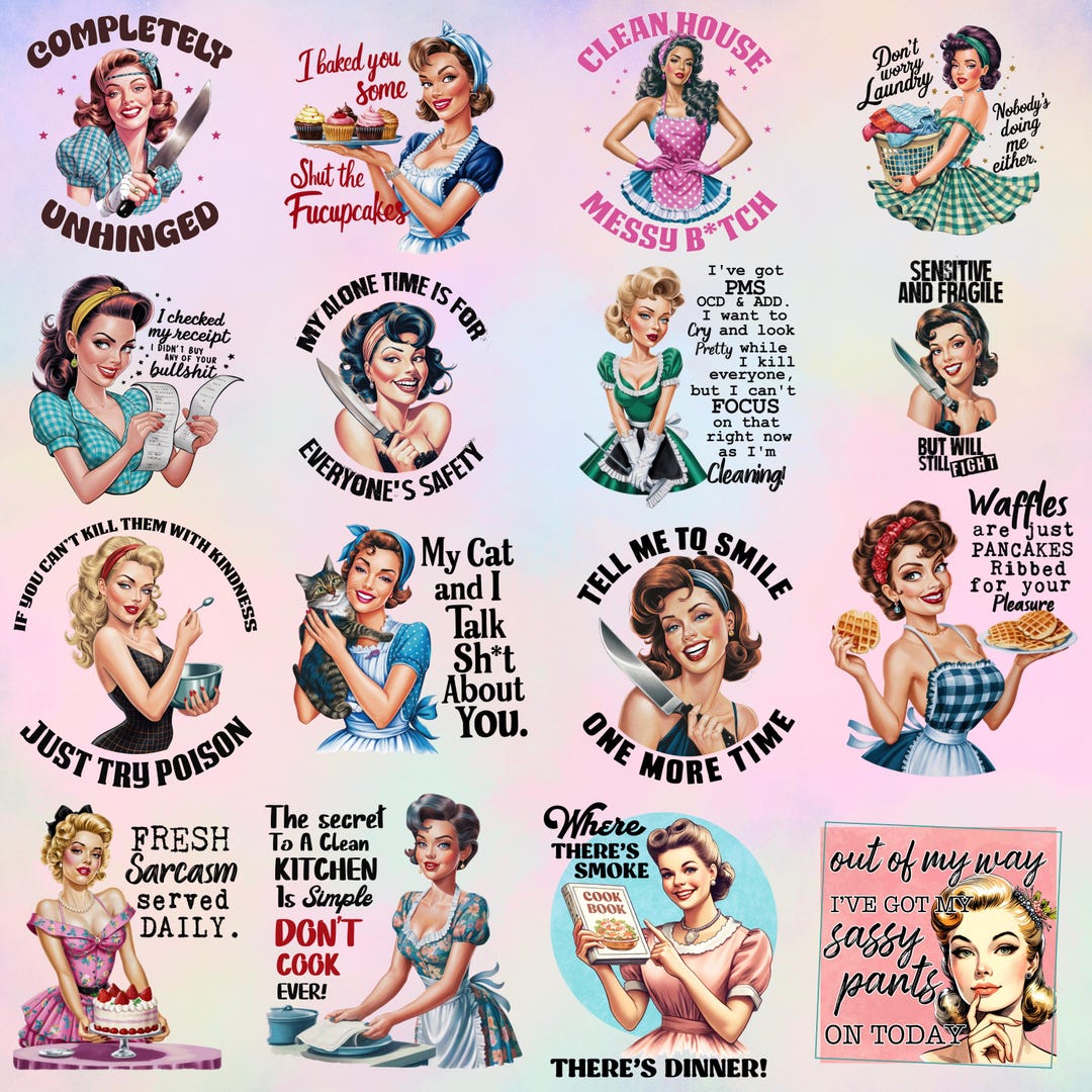 Retro Women Bundle of 16 PNG, Sarcastic Retro Housewife, PNG Bundle ...