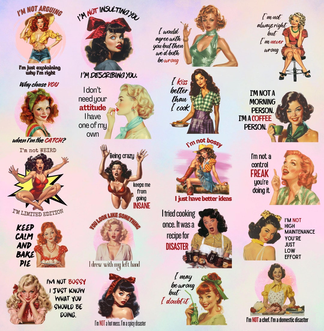 Sarcastic Women Quote Bundle 20 PNG, Retro Woman Bundle, Vintage Pin up ...