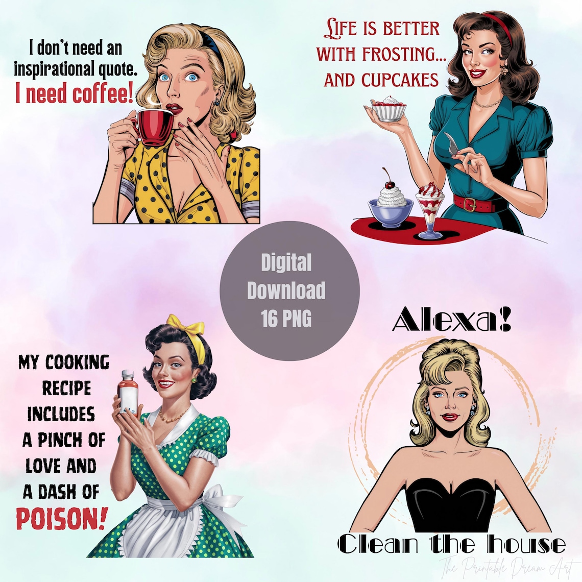Retro Sarcastic Women Bundle of 16 PNG, Sarcastic Retro Housewife, PNG ...