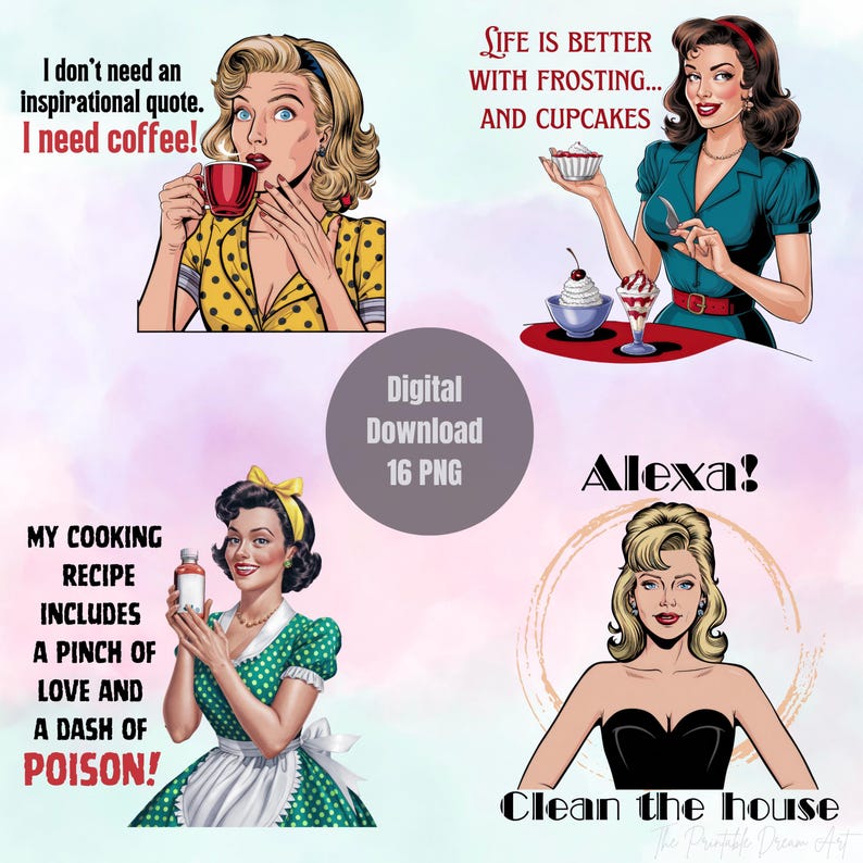 Retro Sarcastic Women Bundle of 16 PNG, Sarcastic Retro Housewife, PNG ...