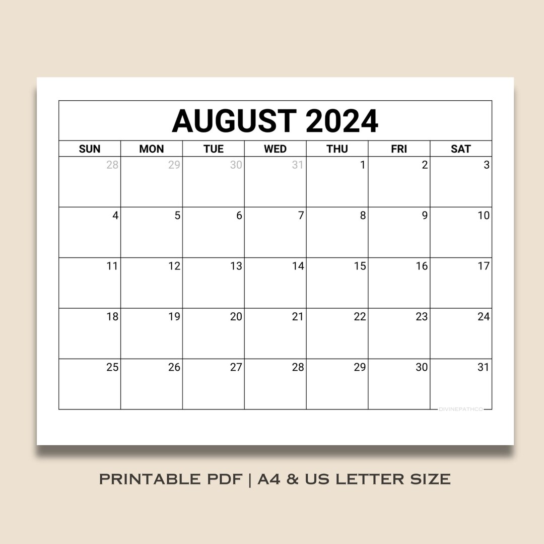 Printable August 2024 Calendar, Minimal Blank Summer Planner Monthly ...