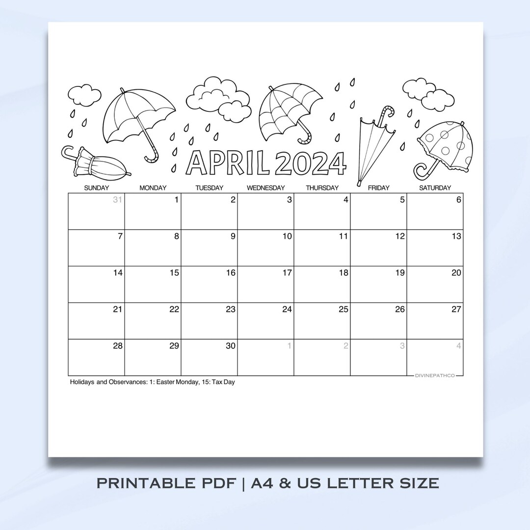 Colorable Calendar, Printable April 2024 Coloring Page for Kids, Teens ...