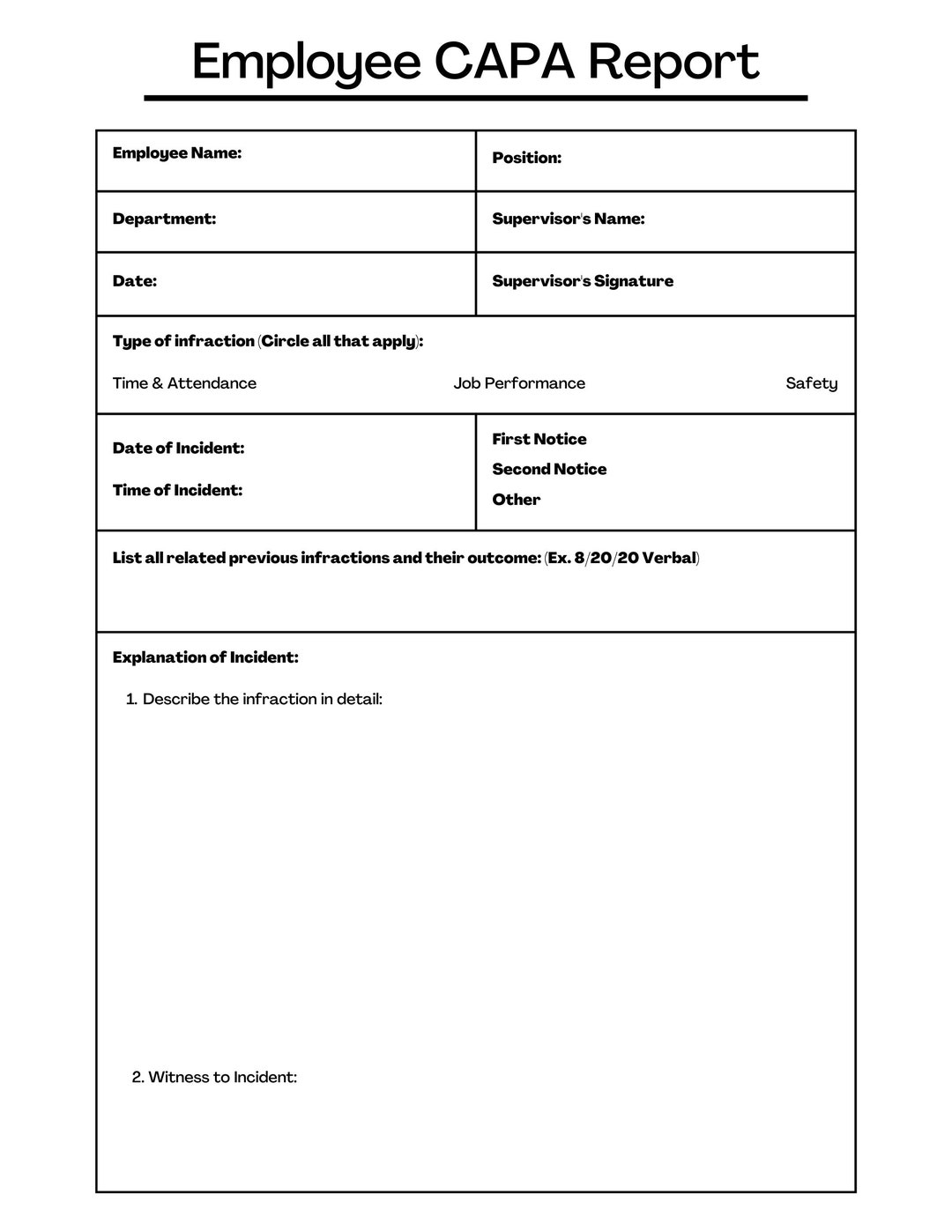 Employee CAPA Report - Disciplinary Paperwork - Etsy
