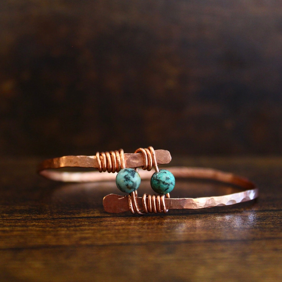 Handmade African Turquoise Copper Bracelet | Hammered Copper Bangle Wire Wrapped Gemstones ...