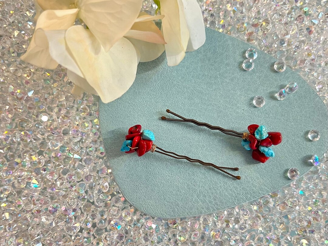 Handmade Red Coral & Turquoise Hair Pins Gemstone Bobby Pins Handmade ...