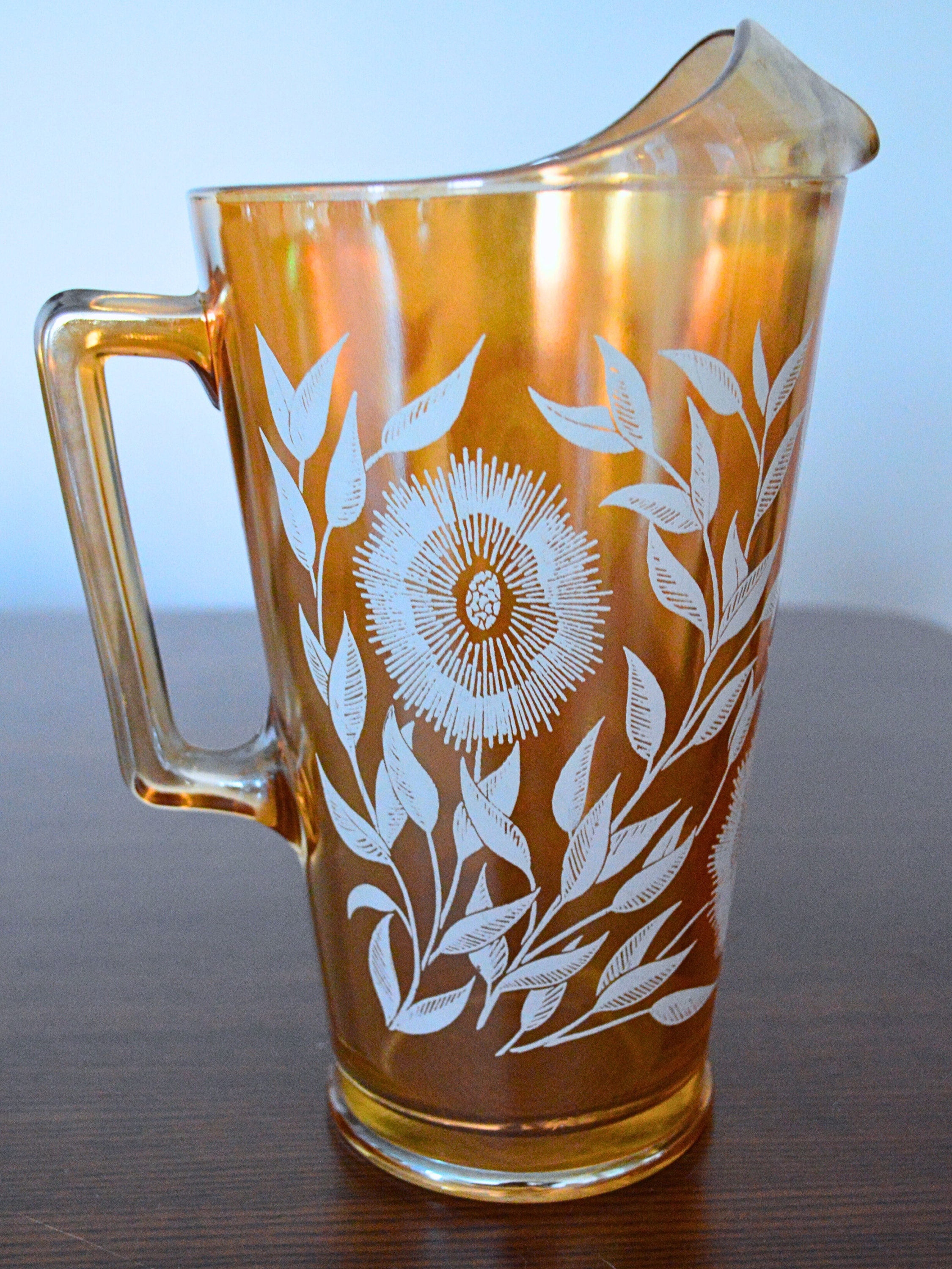 Vintage Carnival Glass Iridescent Jeanette Marigold Cosmos Pitcher ...