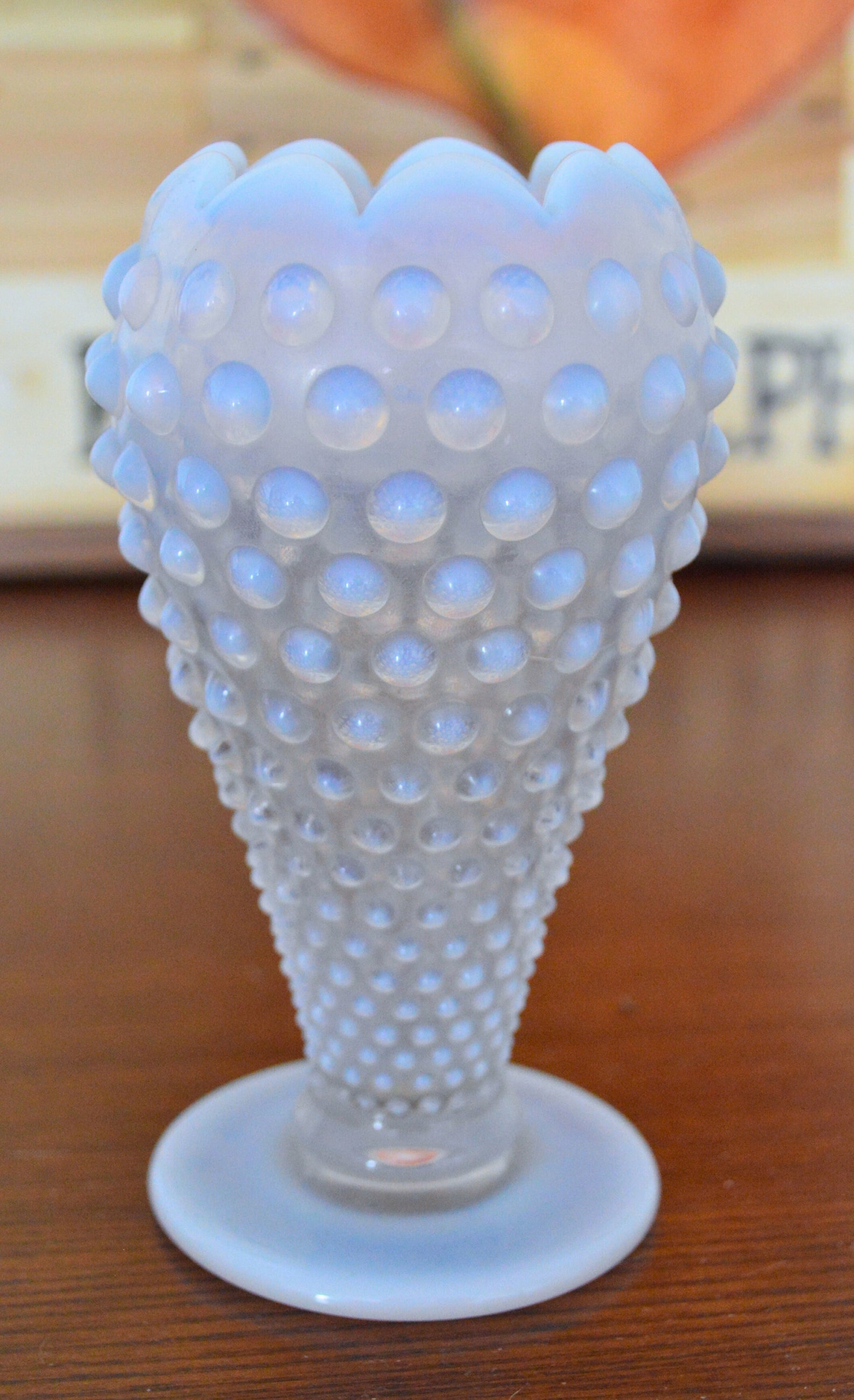 Vintage Moonstone Opalescent Fenton Hobnail Scalloped Edge Bud Vase ...