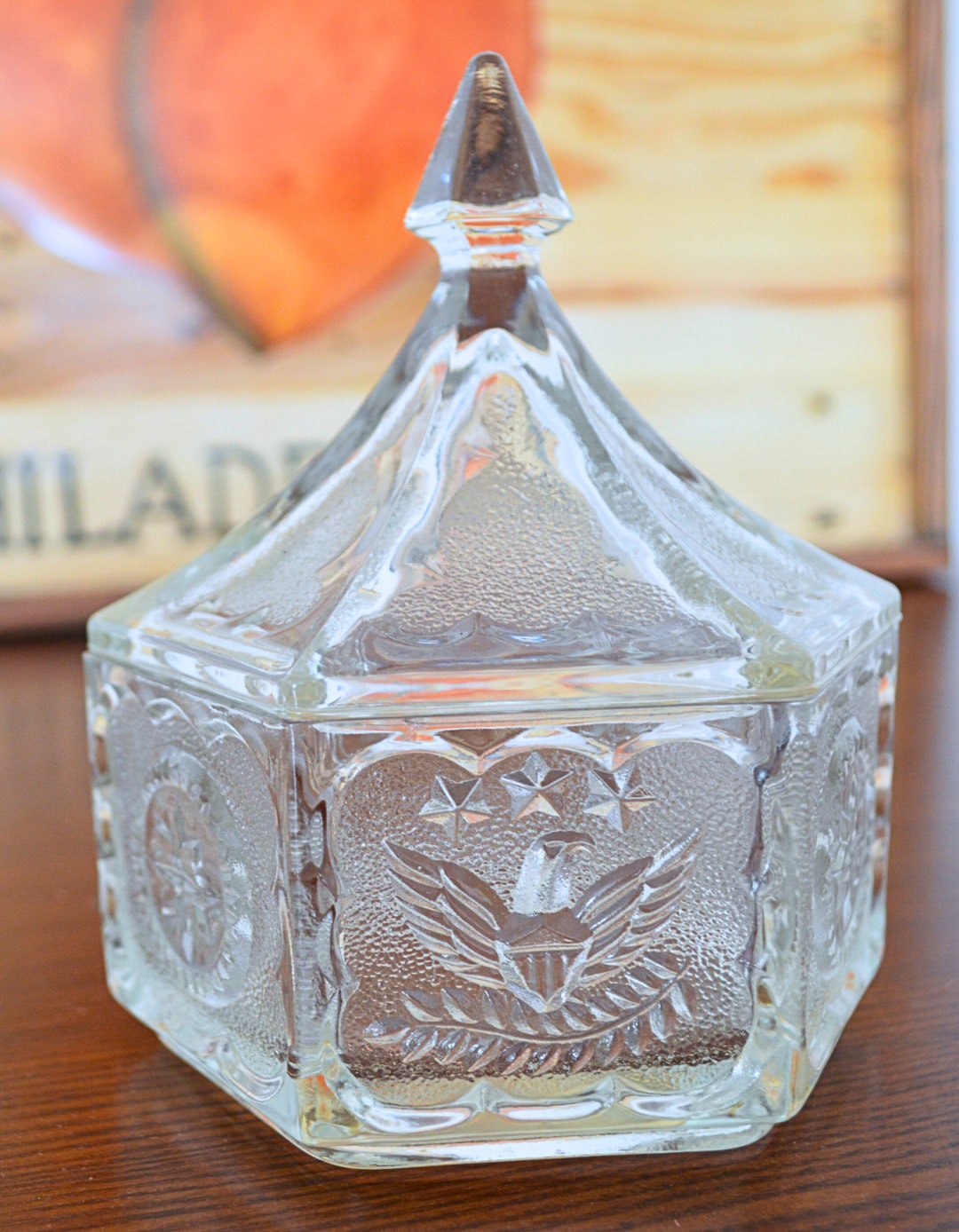 Vintage Clear Pressed Indiana Glass Tiara Candy Dish With Lid Eagle and ...