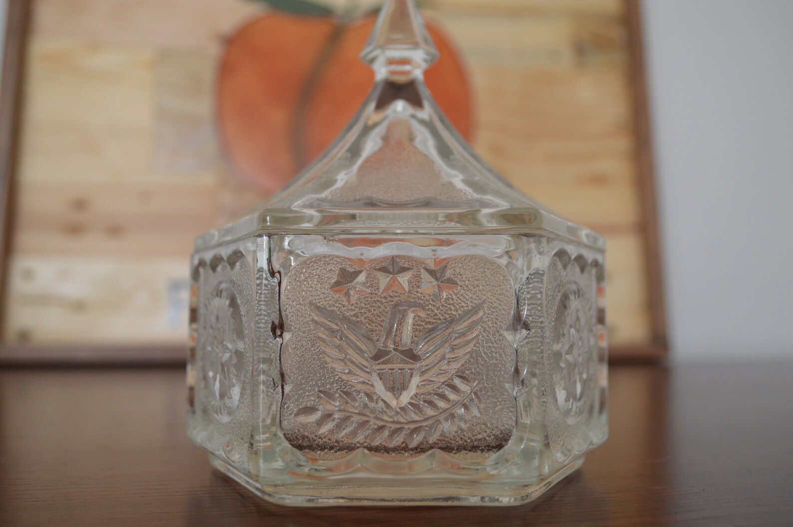 Vintage Clear Pressed Indiana Glass Tiara Candy Dish With Lid Eagle and ...