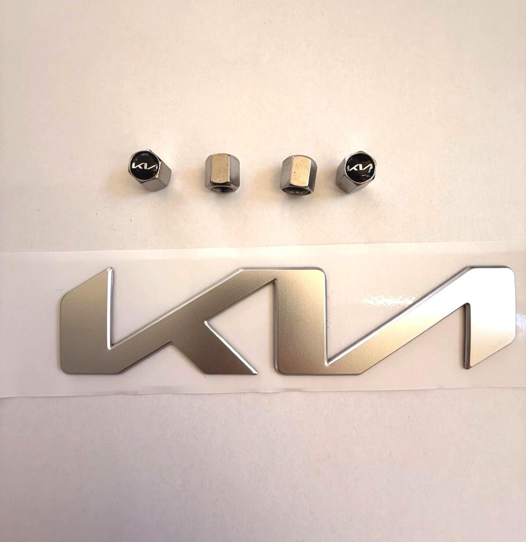 Set of Kia Emblem and Tire Valve Caps Front Rear Chrome Glossy Emblem ...