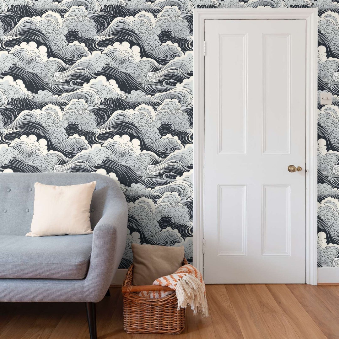Eco Japanese Waves Wallpaper Gray Waves Neo Expressionist Inspired - Etsy