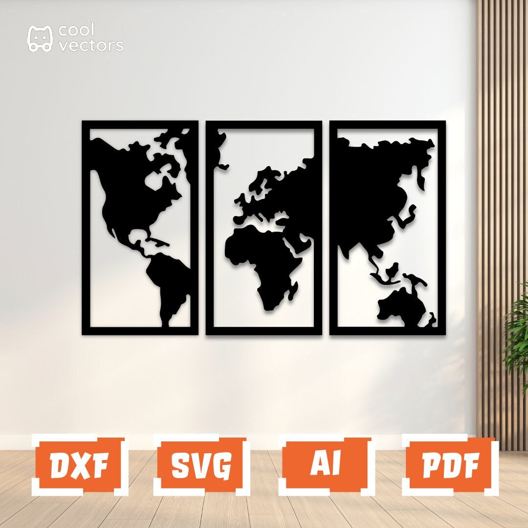 World Map Laser Cut Files PDF, DXF, SVG for Wall Art Decorative Vector ...