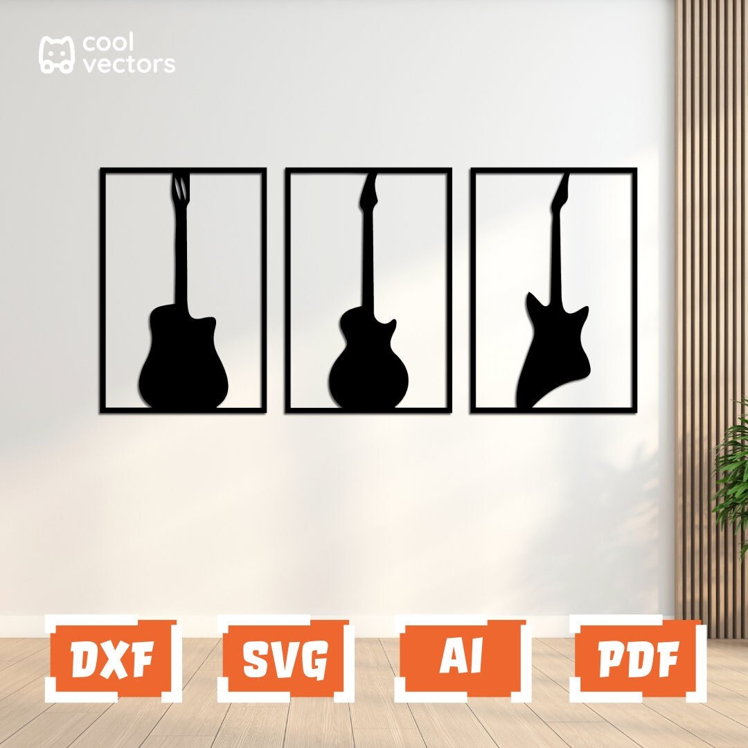 3 Guitars Set Laser Cut Files PDF, DXF, SVG for Wall Art Decorative ...
