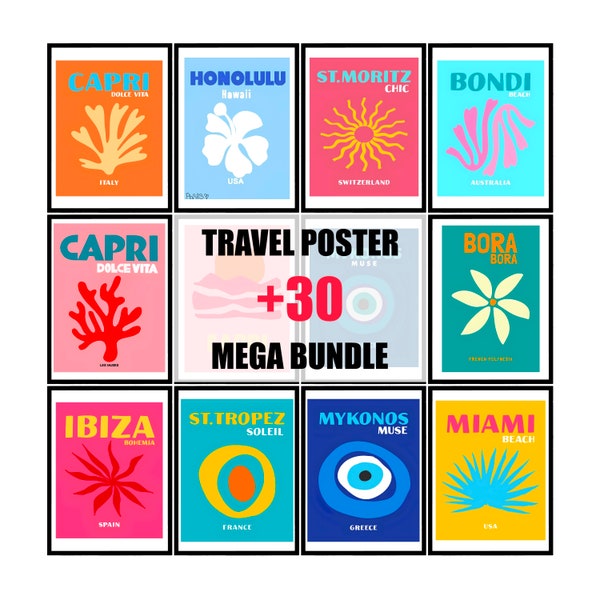 50 Vintage Travel Poster Set Bundle, Retro Design Artwork, Landscape ...