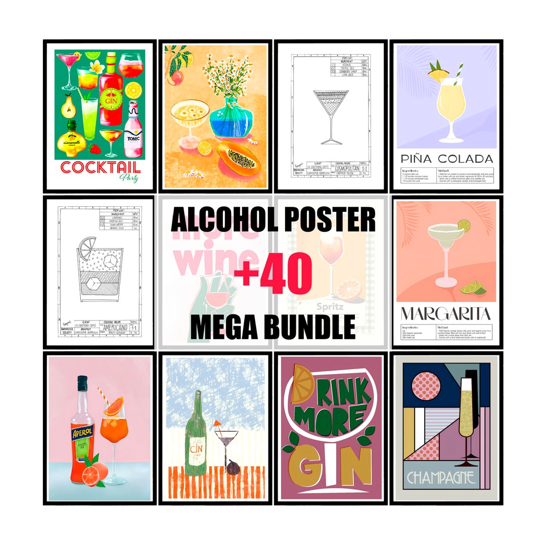 40+ Alcohol Poster Bundle ,vintage Design Artwork, Modern Art, Cocktail ...