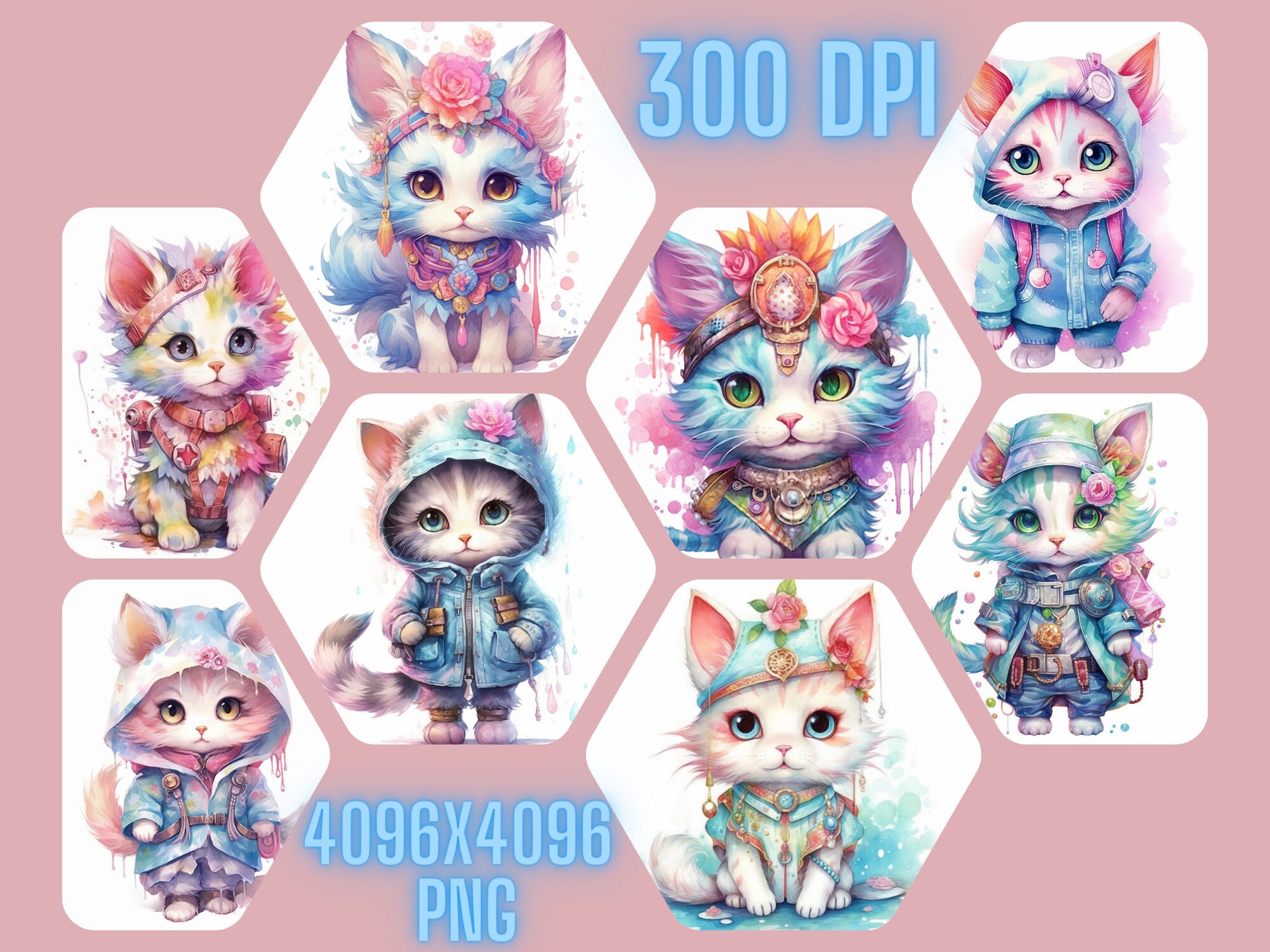 Watercolor Kitten Clipart Cute Cat PNG Kawaii Kitten Anime Cat Harajuku ...