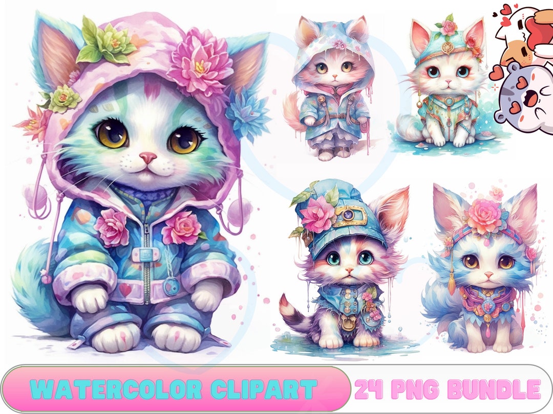 Watercolor Kitten Clipart Cute Cat PNG Kawaii Kitten Anime Cat Harajuku ...