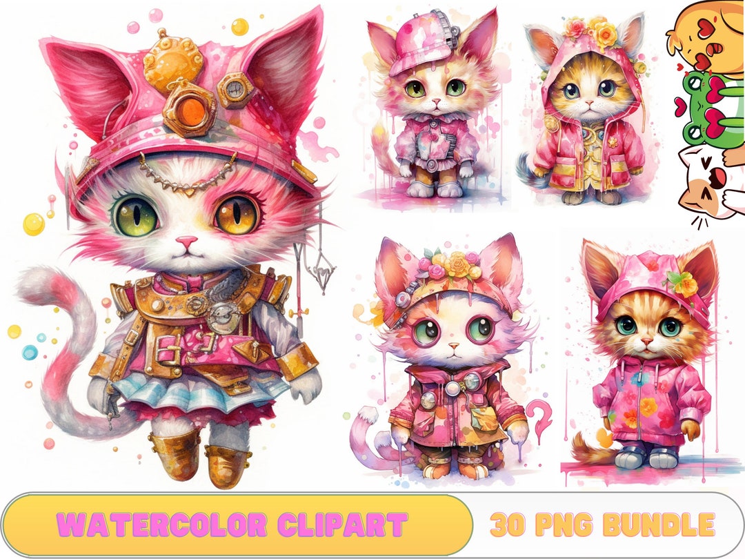 Watercolor Kitten Clipart Cute Cat PNG Kawaii Kitten Anime Cat Harajuku ...