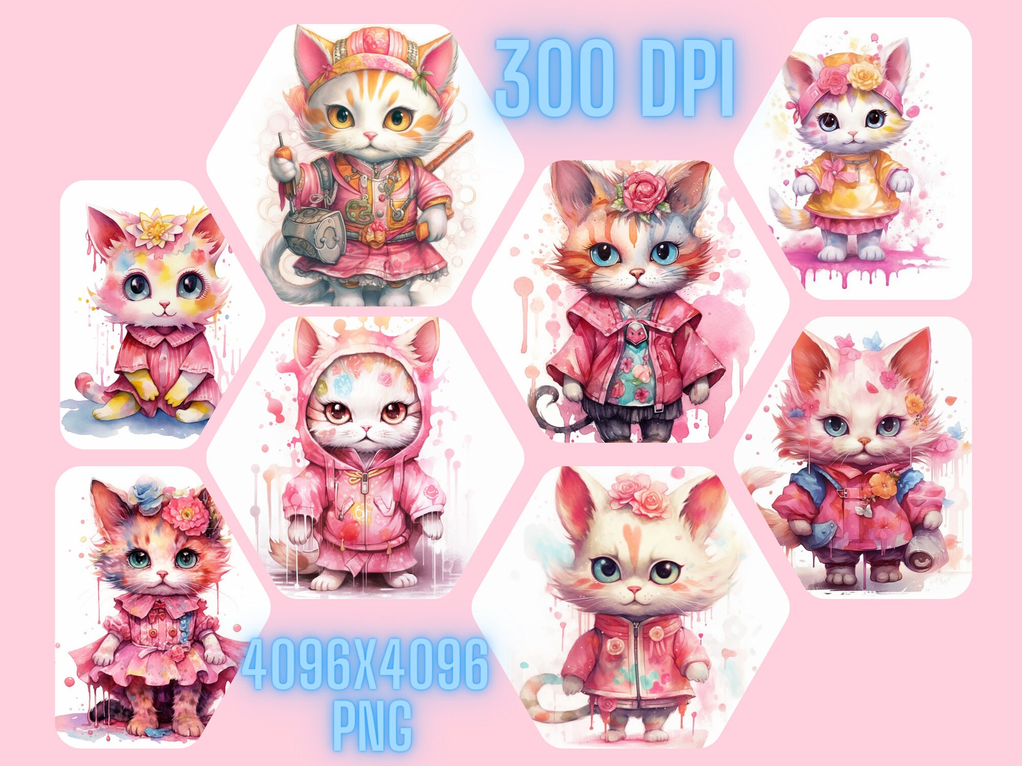Watercolor Kitten Clipart Cute Cat PNG Kawaii Kitten Anime Cat Harajuku ...