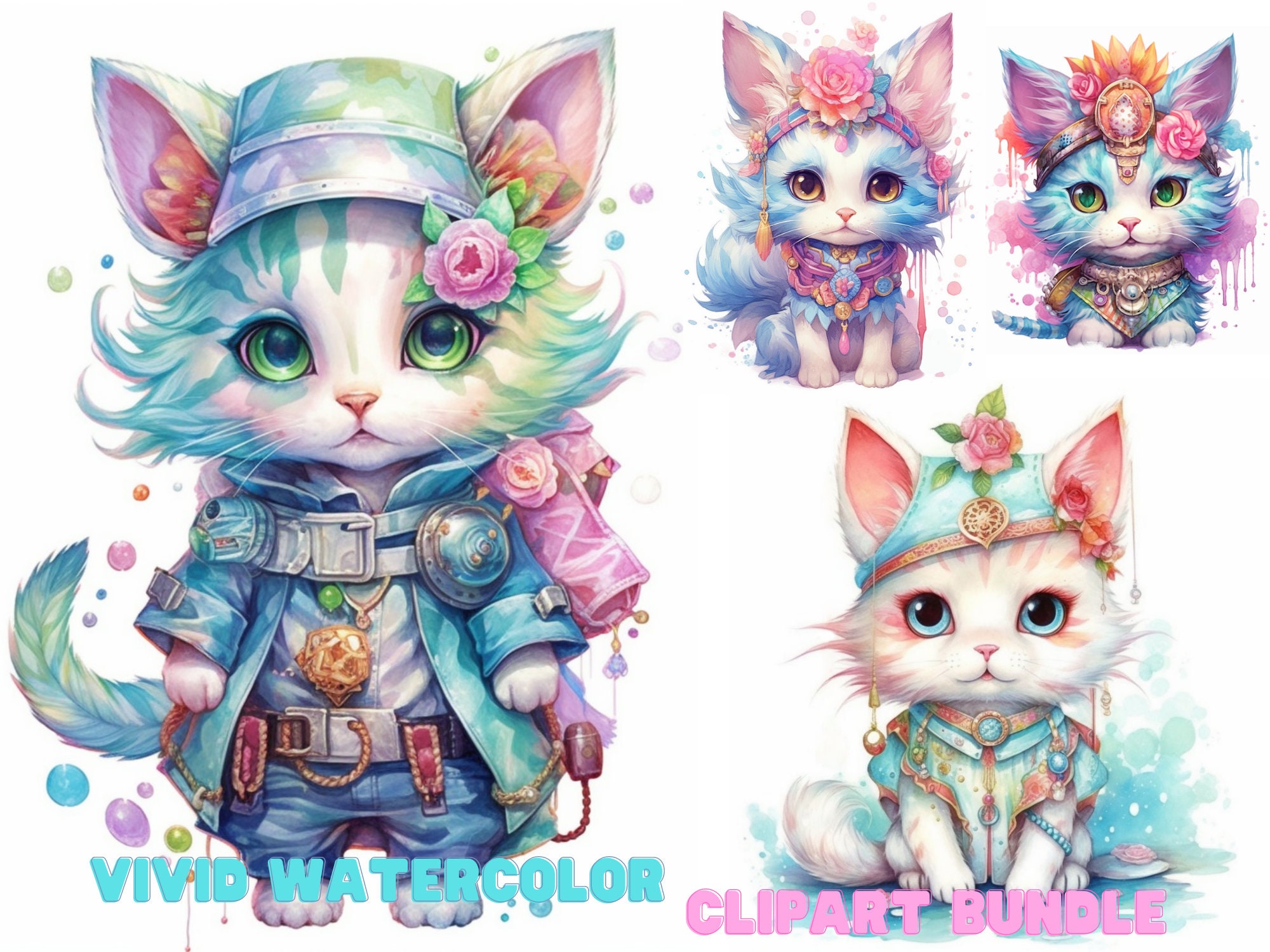 Watercolor Kitten Clipart Cute Cat PNG Kawaii Kitten Anime Cat Harajuku ...
