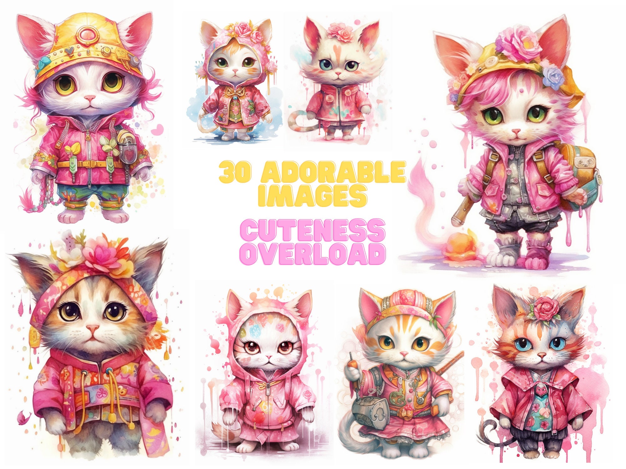 Watercolor Kitten Clipart Cute Cat PNG Kawaii Kitten Anime Cat Harajuku ...