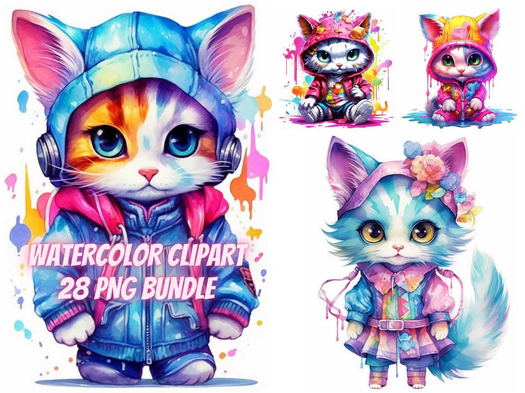 Watercolor Kitten Clipart Cute Cat PNG Kawaii Kitten Anime Cat Harajuku ...