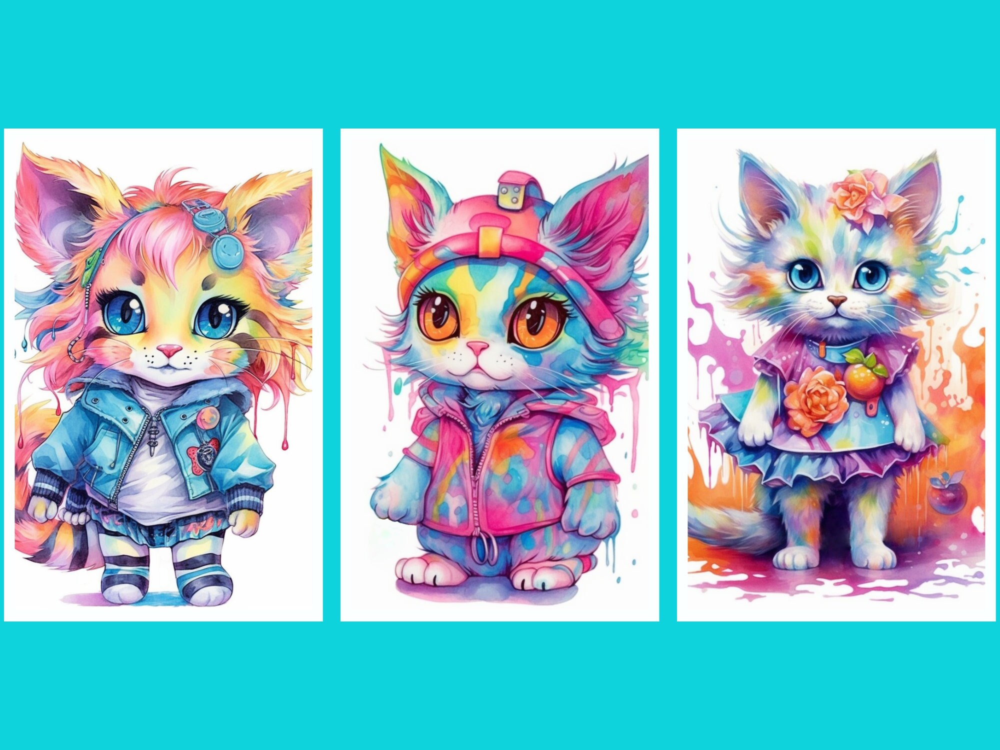 Watercolor Kitten Clipart Cute Cat PNG Kawaii Kitten Anime Cat Harajuku ...