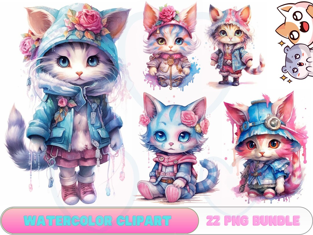 Watercolor Kitten Clipart Cute Cat PNG Kawaii Kitten Anime Cat Harajuku ...