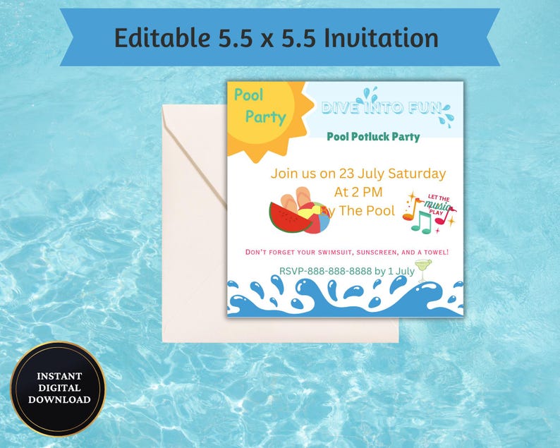 Editable Pool Party Invitation | Dive Into Fun | 5.5x5.5 Digital ...
