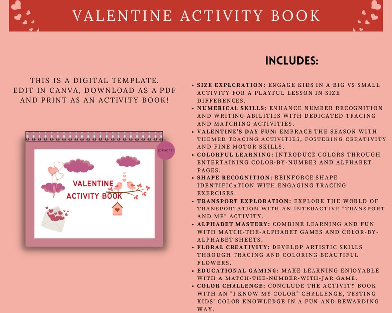 Valentine Kids Activity Book - Editable, 11x8.5 - Big Vs Small, Tracing ...