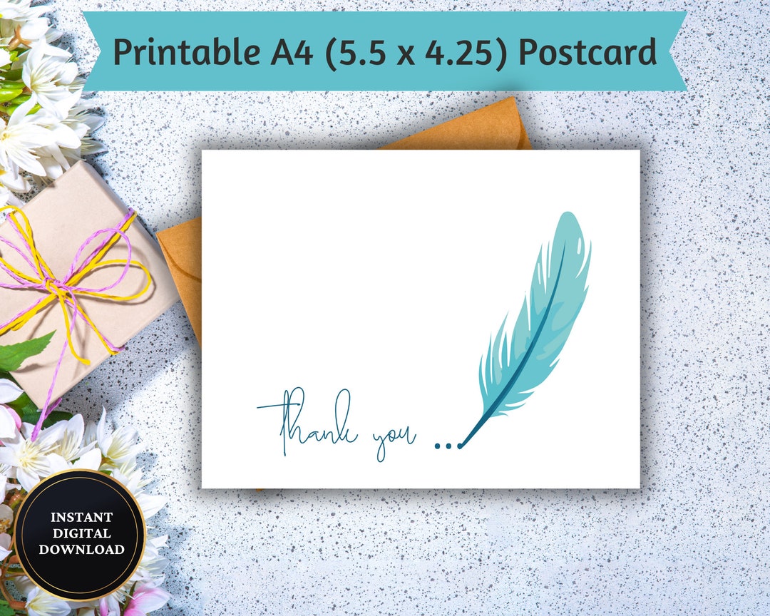 Teal Feather Thank You Postcard: Digital Gratitude Card Download - Etsy