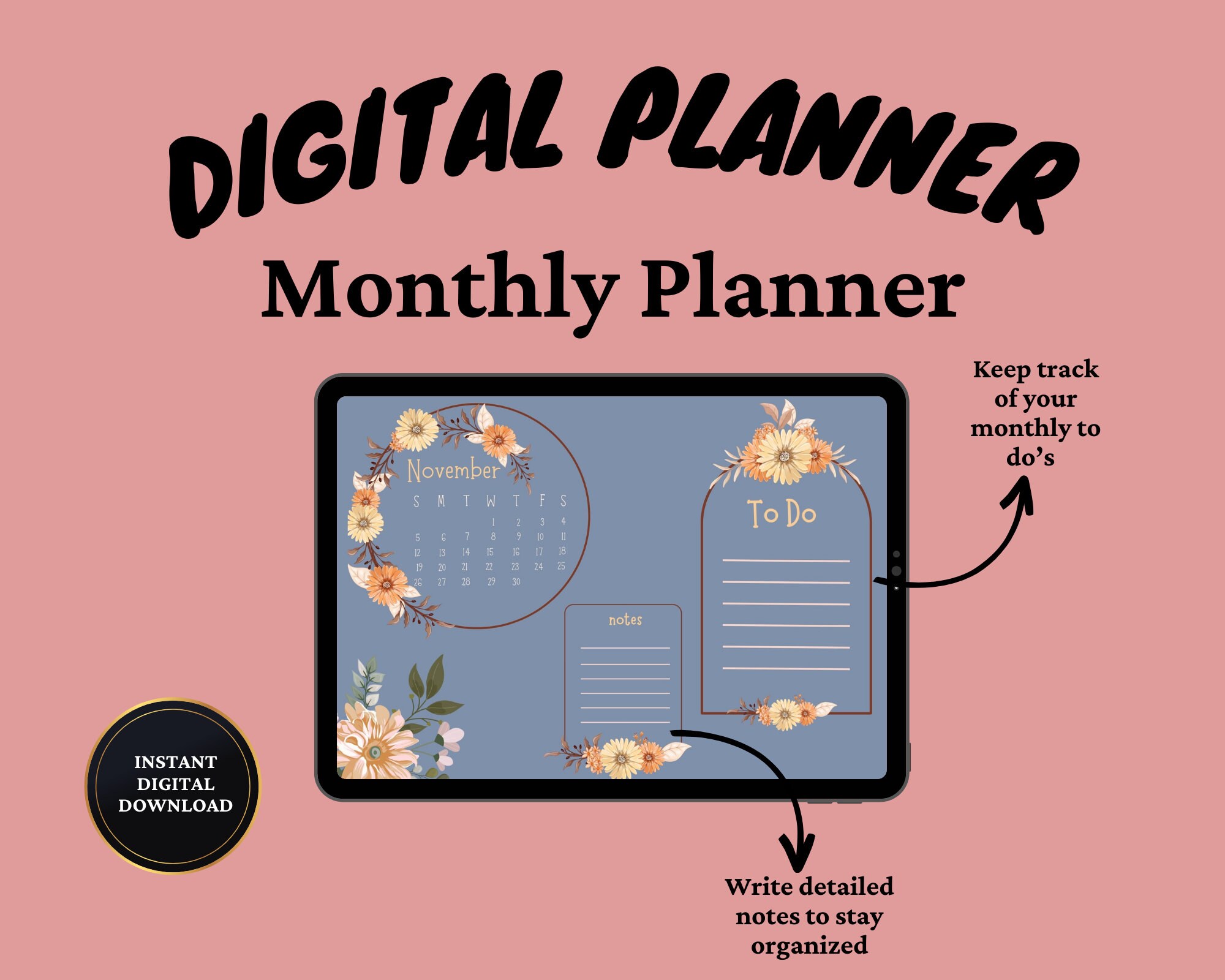 Digital Monthly Planner, Monthly Calendar Template, Digital to Do List ...