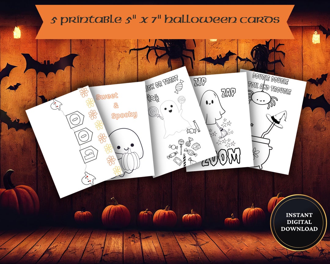 5 Card Halloween Printable Bundle, Holiday Card, Kids Halloween Card ...