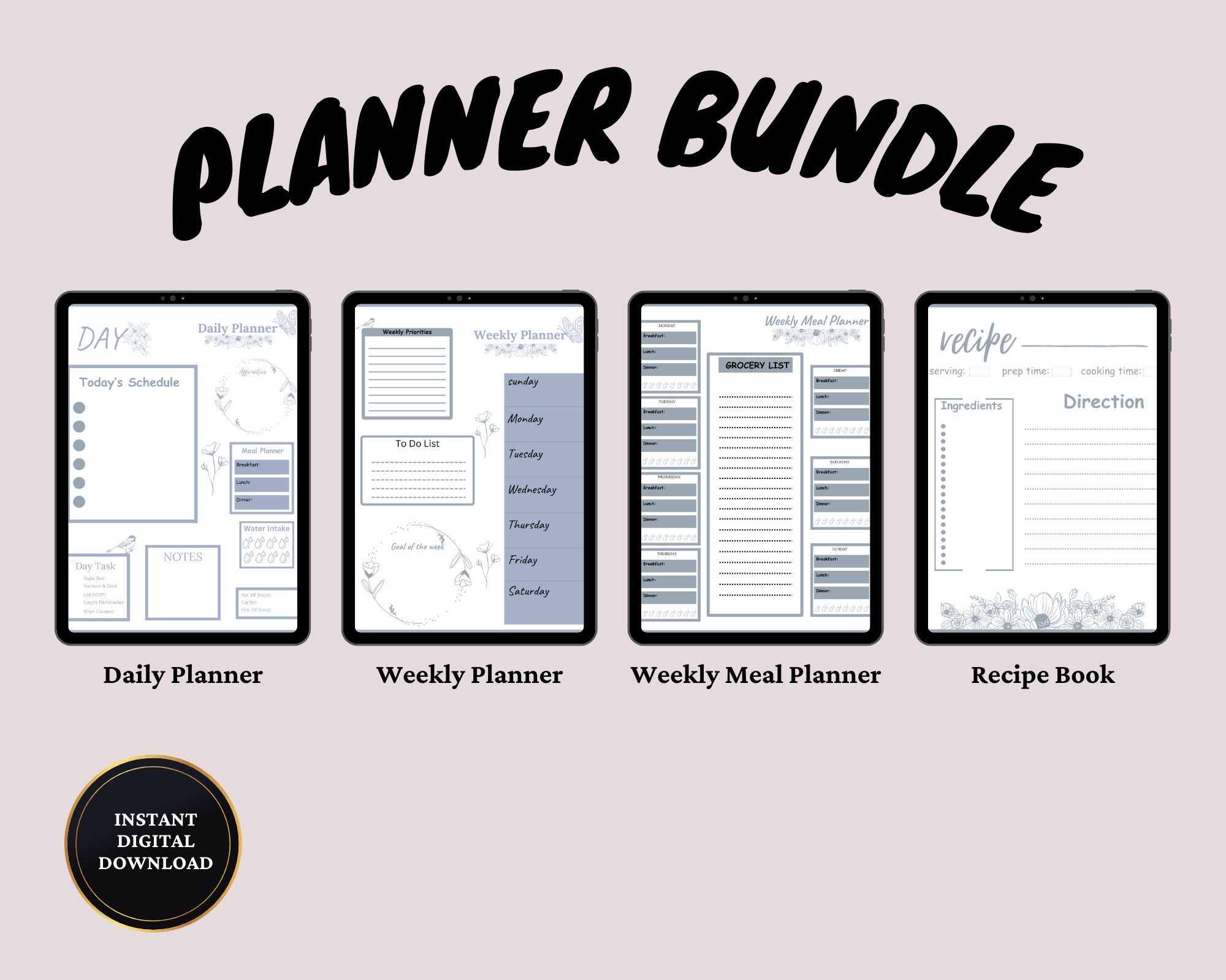 Editable Digital Planner Bundle: Daily, Weekly, Meal Planning & Recipe ...
