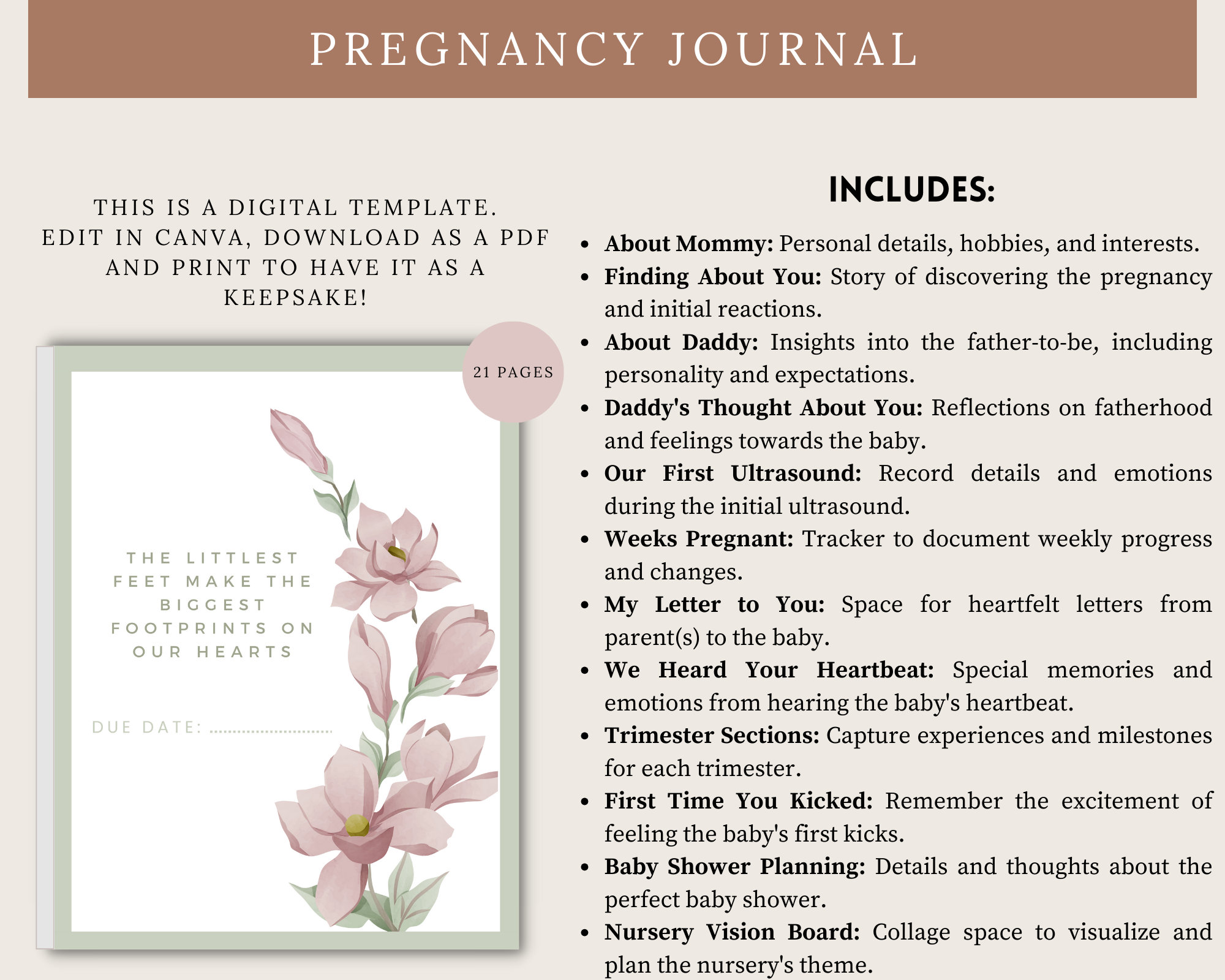 Editable Pregnancy Journal Template Capture Every Precious Moment With 21 Customizable Pages ...