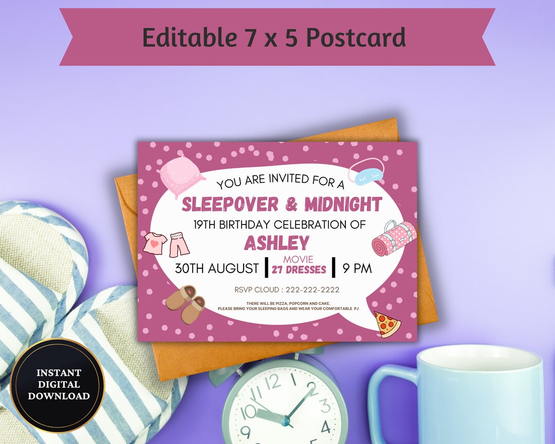 Editable Sleepover Birthday Invitation | 7x5 Digital Download | Canva ...
