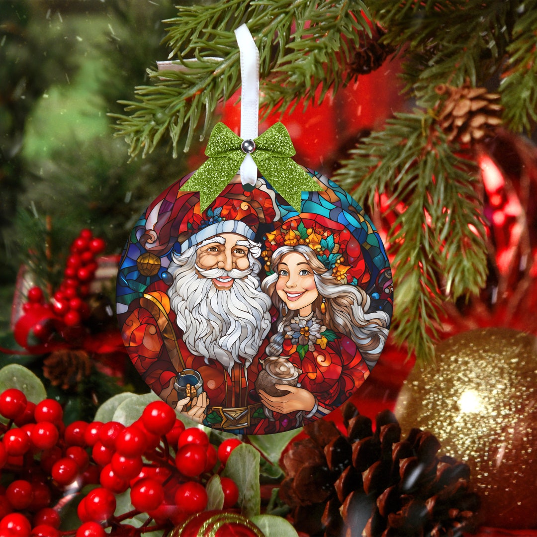 Stained Glass Santa Claus and Mrs Claus Design Ornament, Christmas ...